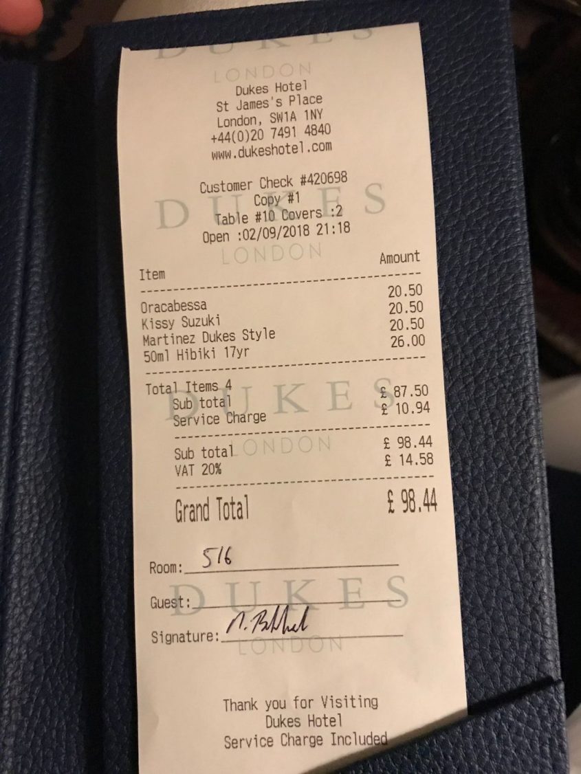 Drinks receipt at Dukes Bar London – Tees n Cheese